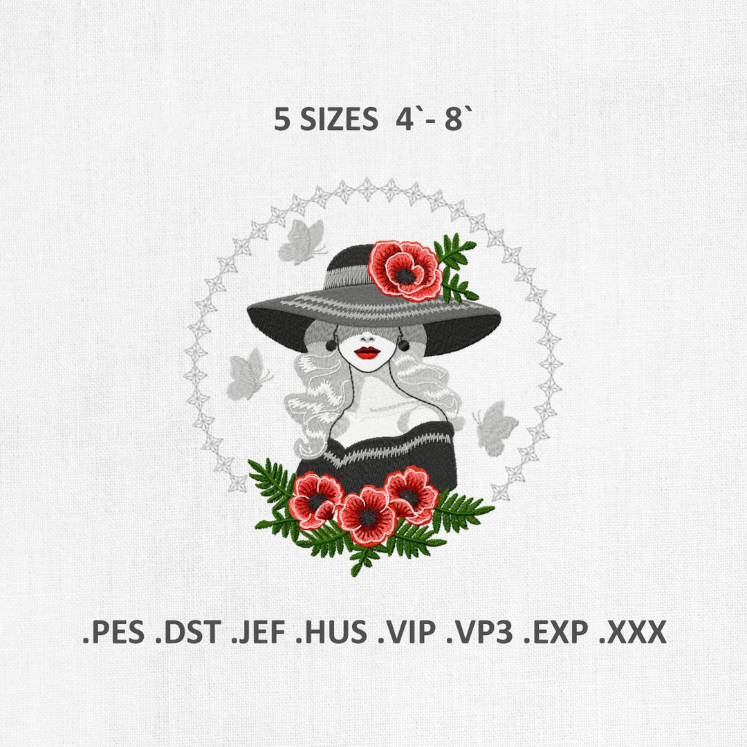 Elegant Woman in Hat Machine Embroidery Design: Stylish Lady PES DST ...