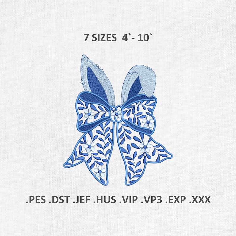 Chinoiserie Bow With Bunny Ears Machine Embroidery Designs, Easter PES ...