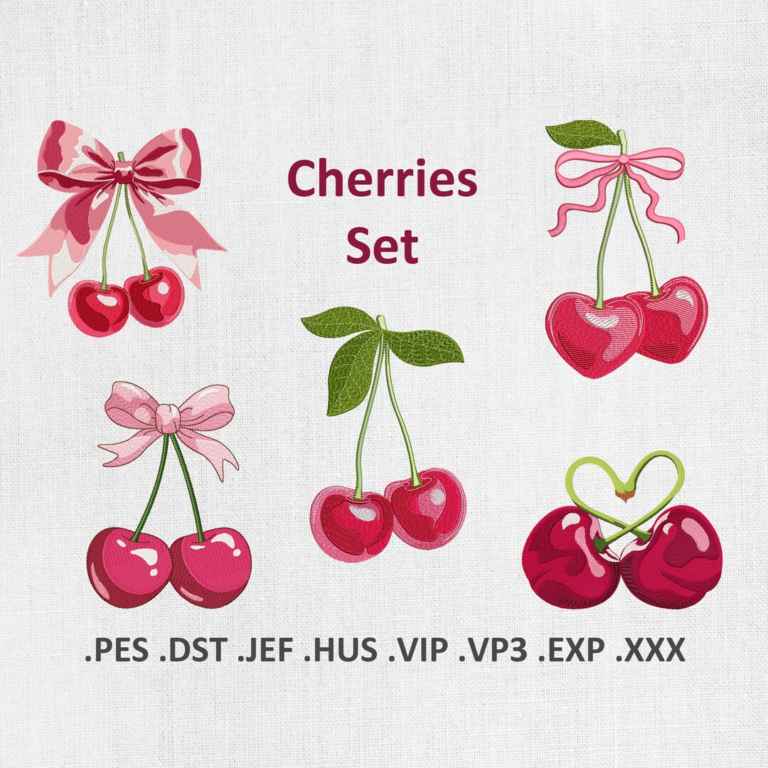 Cherries Set 5 Machine Embroidery Designs, Cute Coquette Red Cherry ...