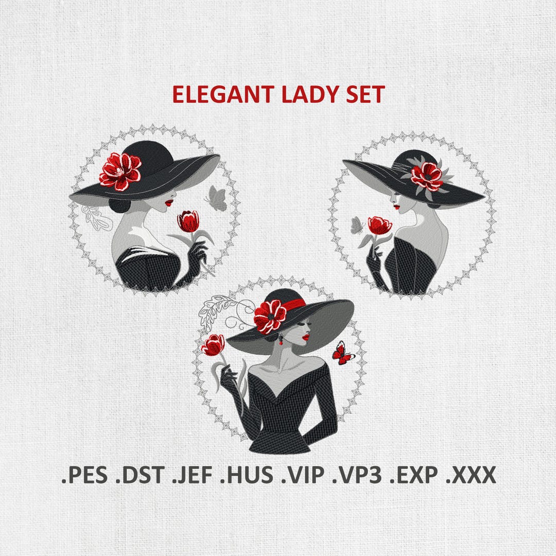 Elegant Woman Set Machine Embroidery Designs, Lady in Hat PES DST Files ...