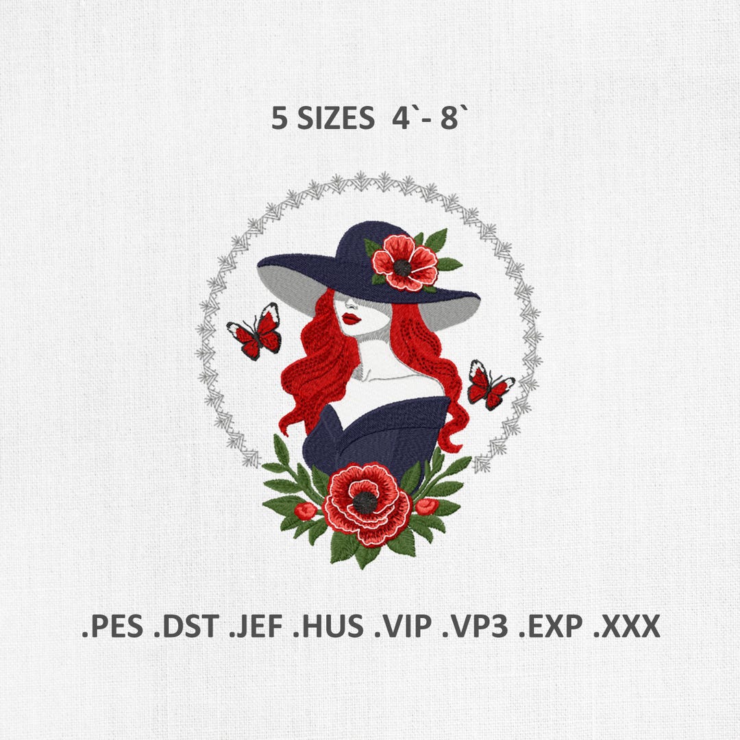 Elegant Woman Machine Embroidery Designs: Lady in Hat With Flowers PES ...