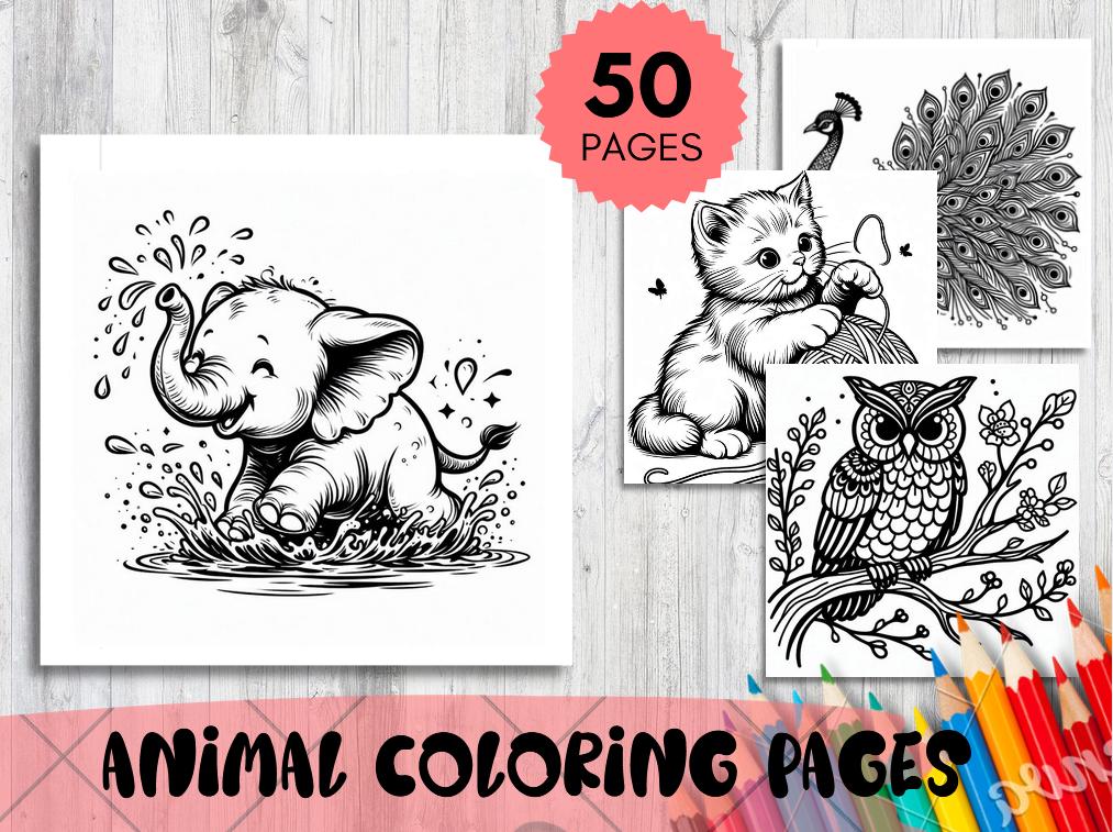 50 Cute Animal Coloring Book Pages - Zoo, Farm, Land & Sea, Desert ...