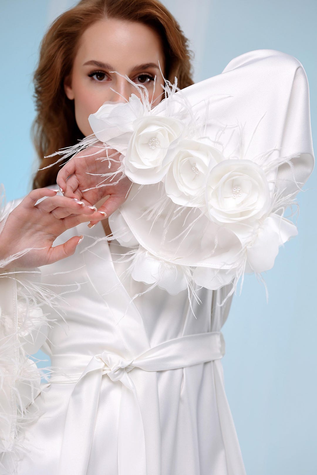 Ivory Satin Wedding Robe With 3D Flowers, Bridal Lace Robe - Etsy