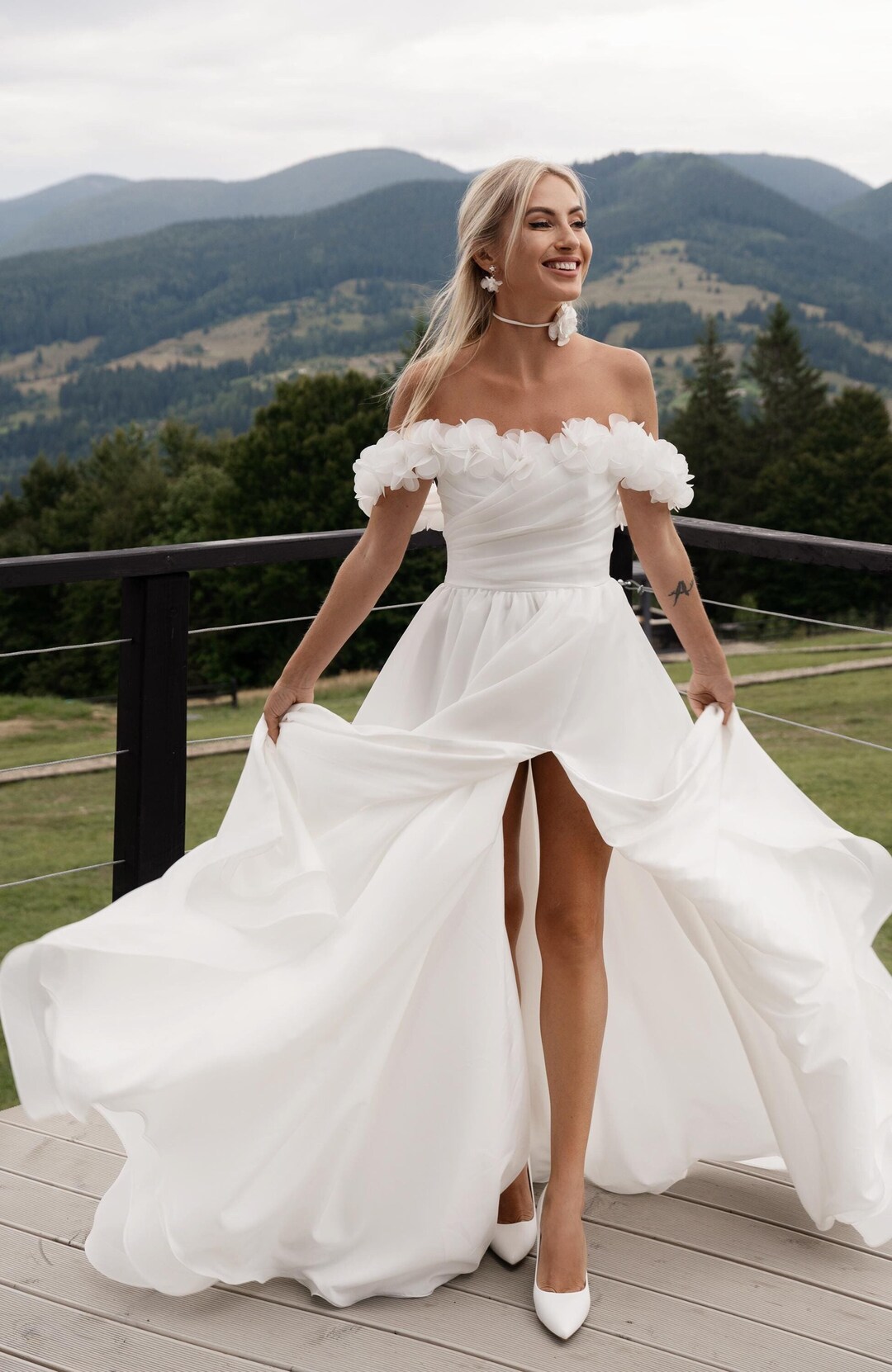 A-line Organza Bridal Gown With Leg Slit, Open Shoulder Bridal Dress ...