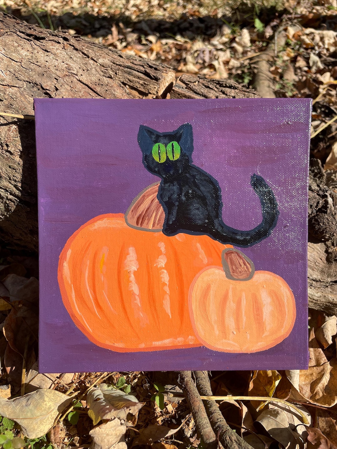 Spooky Acrylic Painting: Black Cat and Pumpkins - Etsy