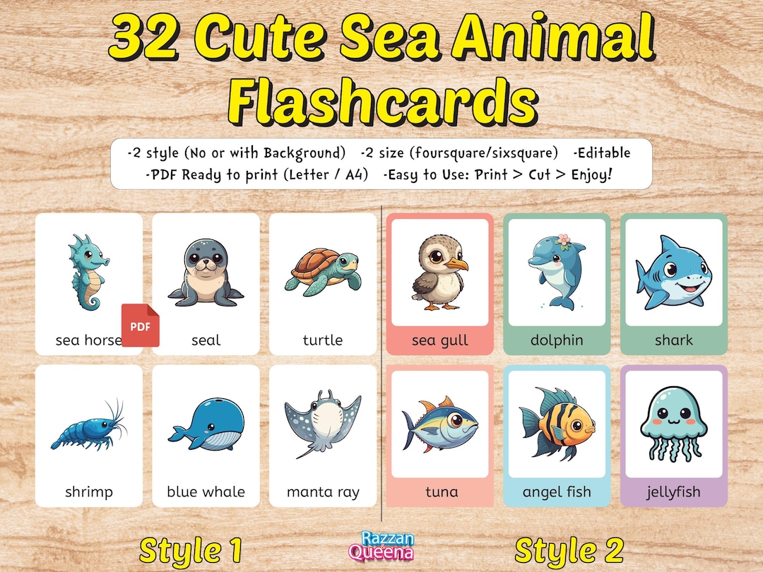 32 Cute Sea Animal Flashcards, 32 Printable Montessori Cards for ...