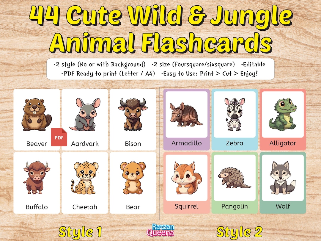 44 Cute Wild Animal Flashcards, 44 Printable Montessori Cards ...