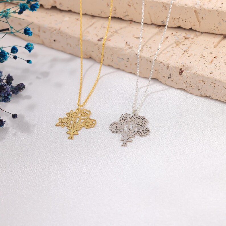 Multi Birth Flower Bouquet Necklace, Gold Floral Pendant, Family Birth ...