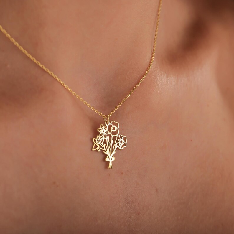Multi Birth Flower Bouquet Necklace, Gold Floral Pendant, Family Birth ...