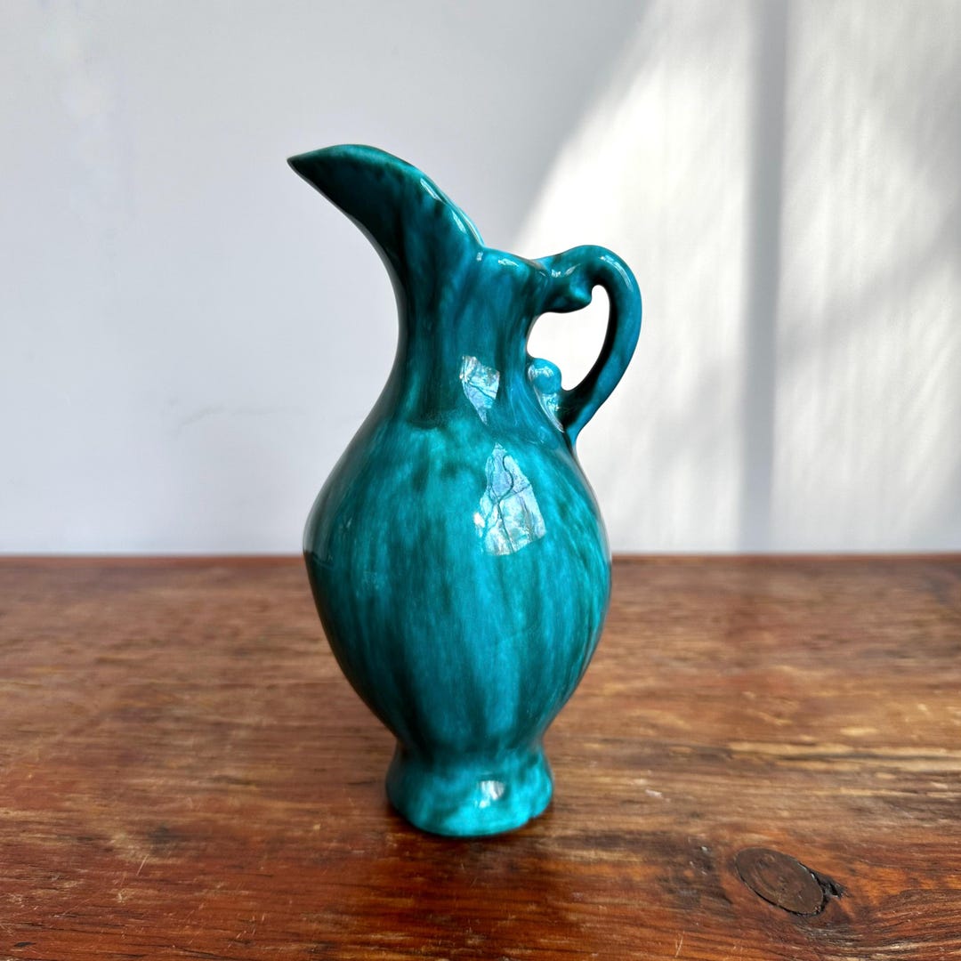 Vintage MLP Maple Leaf Pottery Pitcher/vase | Turquoise Blue Green Drip ...