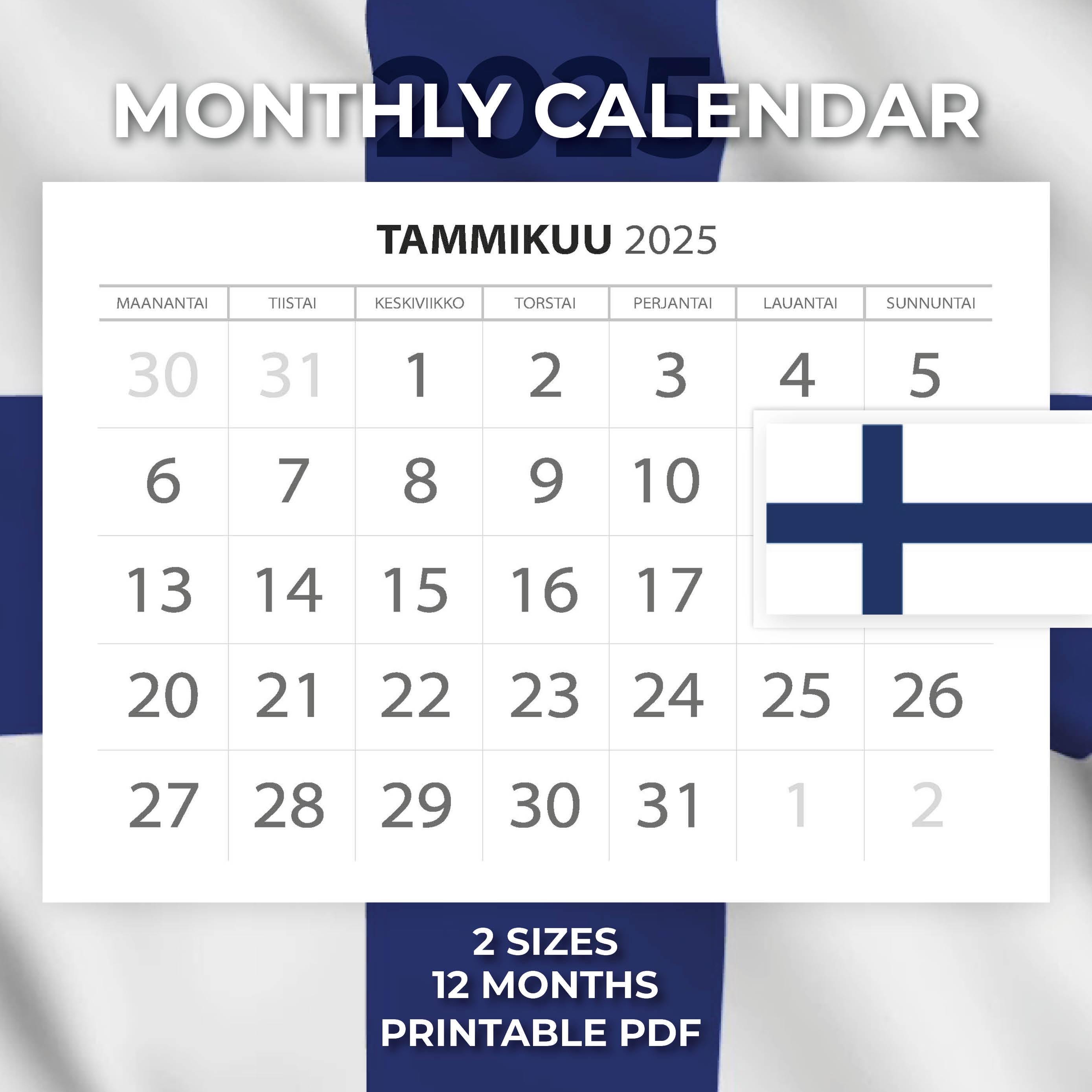 2025 Monthly Calendar in Finnish, 2025 Suomen Kalenteri, Finnish Gift ...