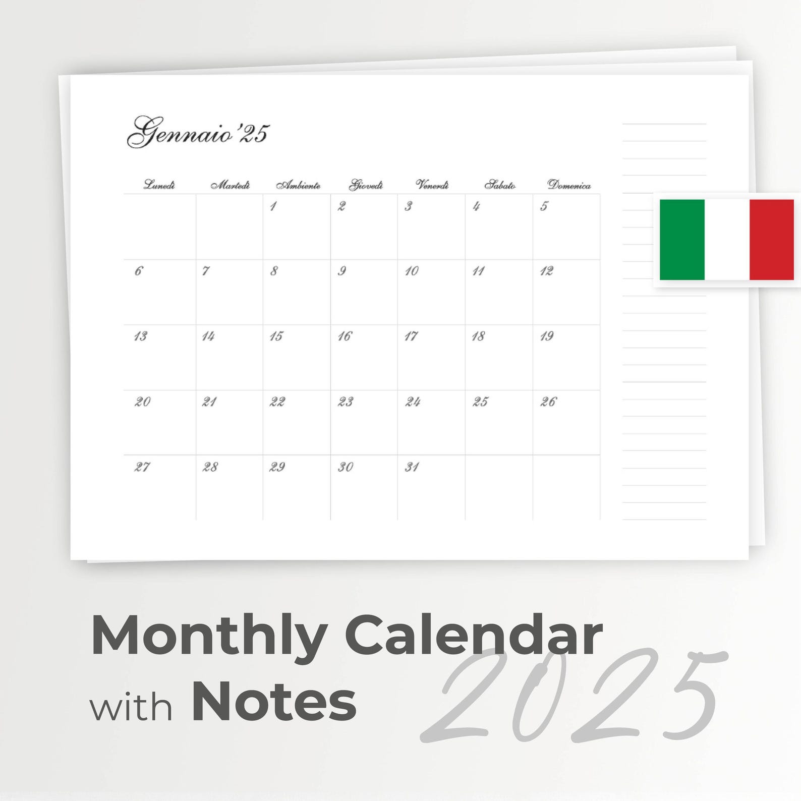 2025 Italian Calendar, 2025 Monthly Calendar With Notes, Minimalist ...
