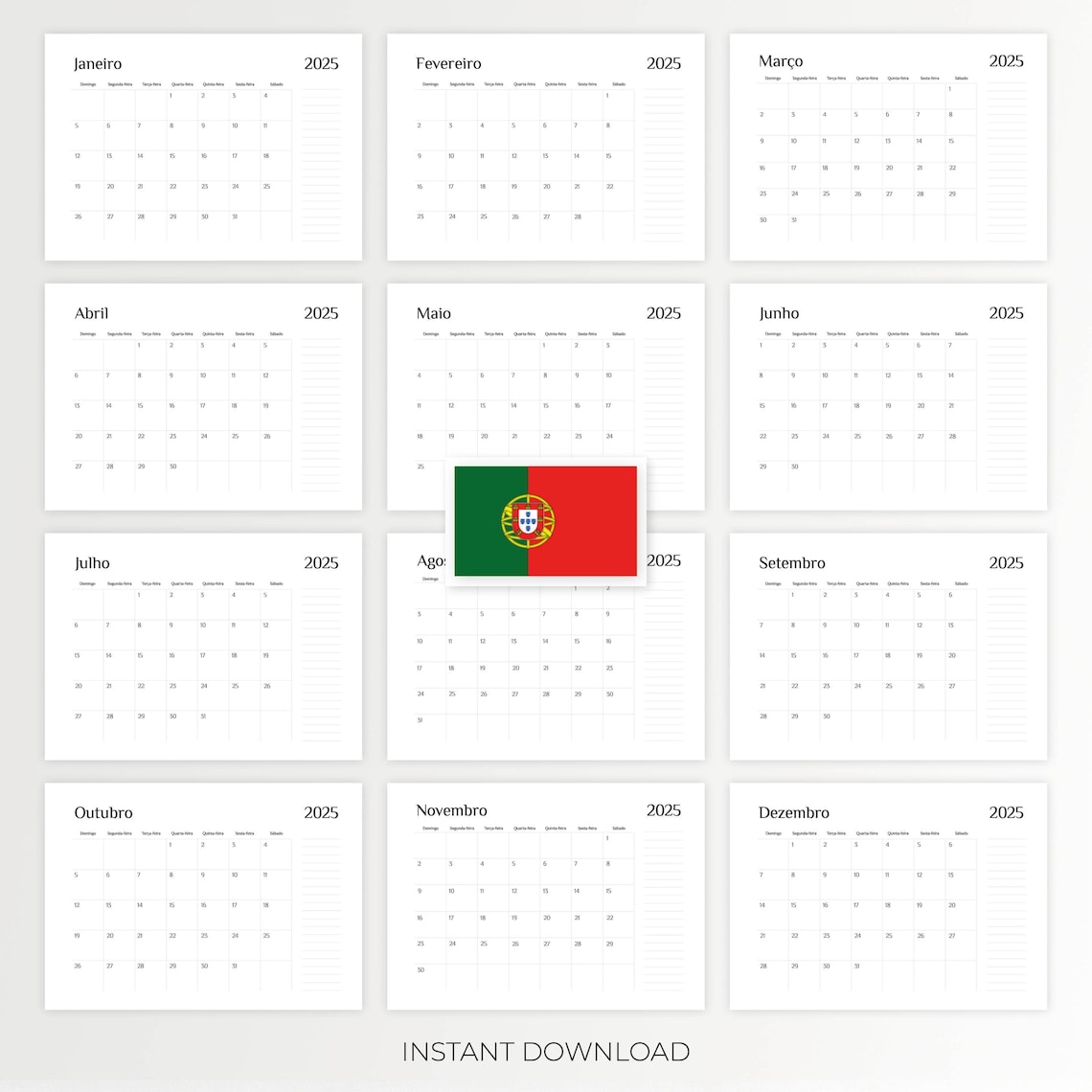 Calendar in Portuguese 2025, Portuguese Planner 2025, Monthly ...