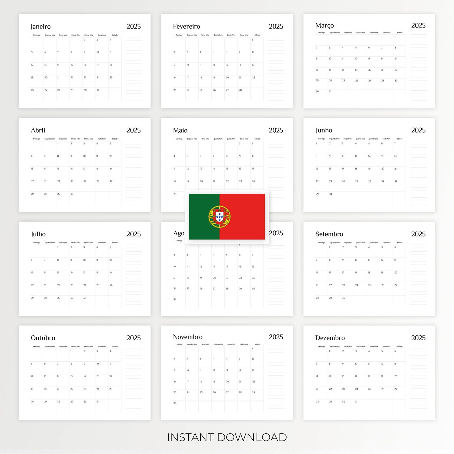 Calendar in Portuguese 2025, Portuguese Planner 2025, Monthly ...