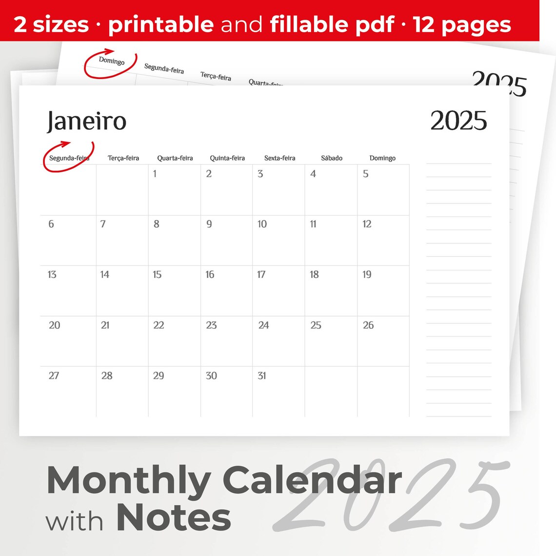 Calendar in Portuguese 2025, Portuguese Planner 2025, Monthly ...
