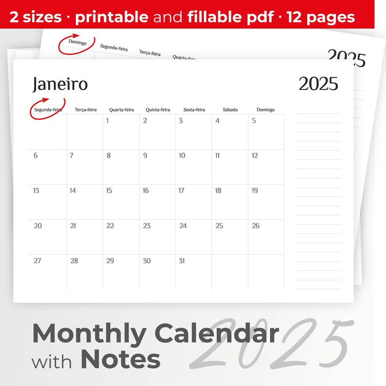 Calendar in Portuguese 2025, Portuguese Planner 2025, Monthly ...