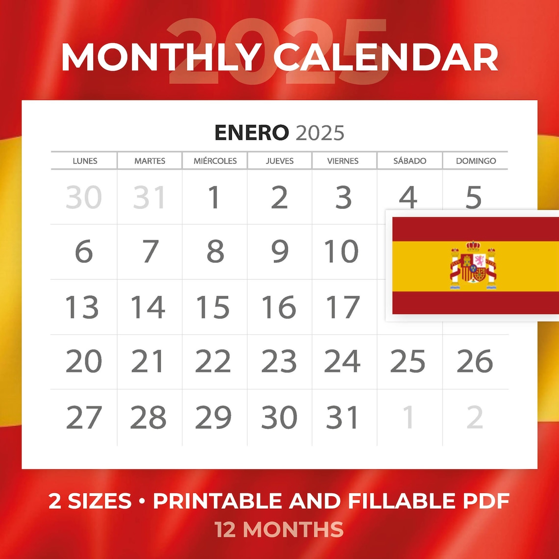 2025 Spanish Calendar, 2025 Monthly Calendar in Spanish, Calendario ...