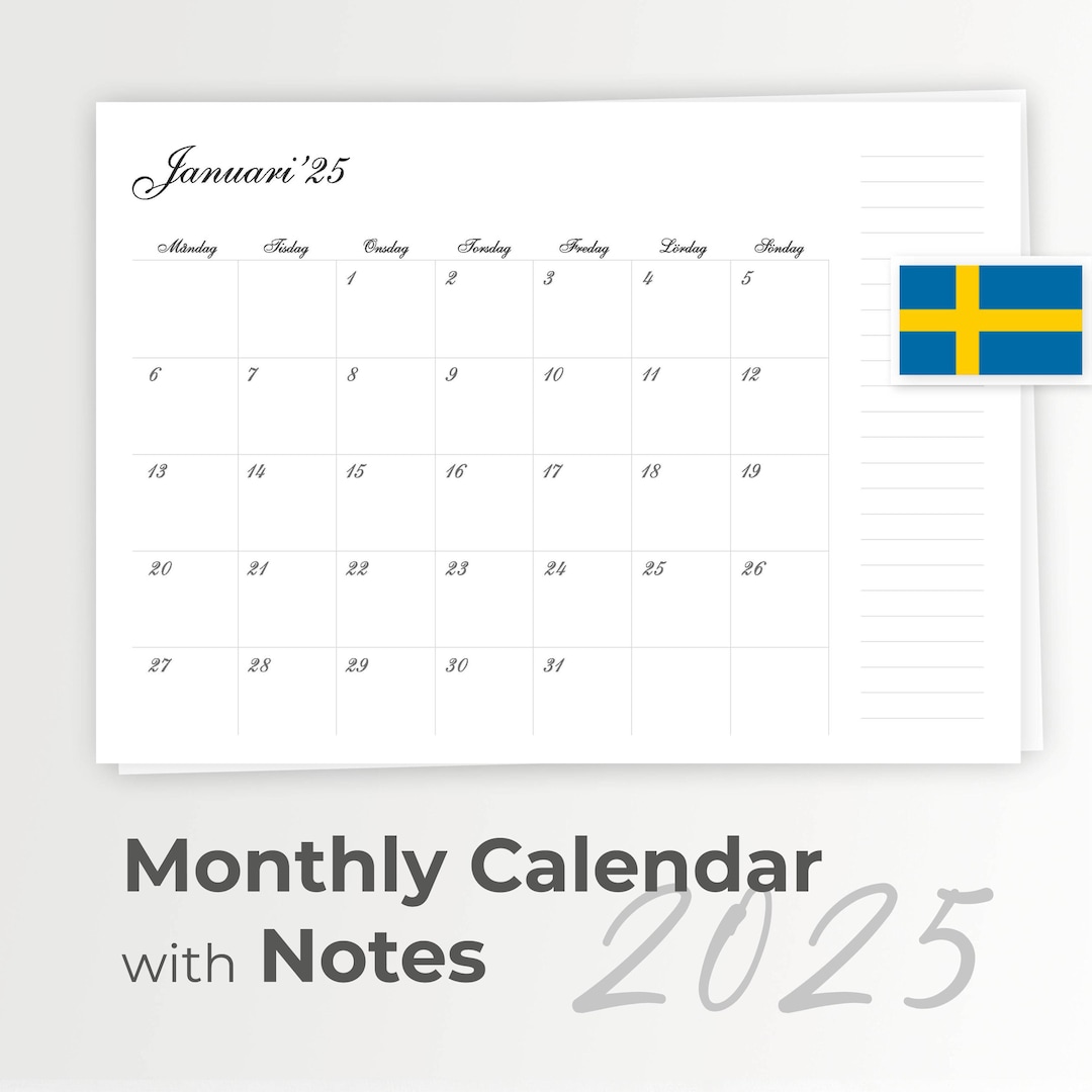 Swedish Calendar, 2025 Monthly Swedish Calendar With Notes, Swedish ...