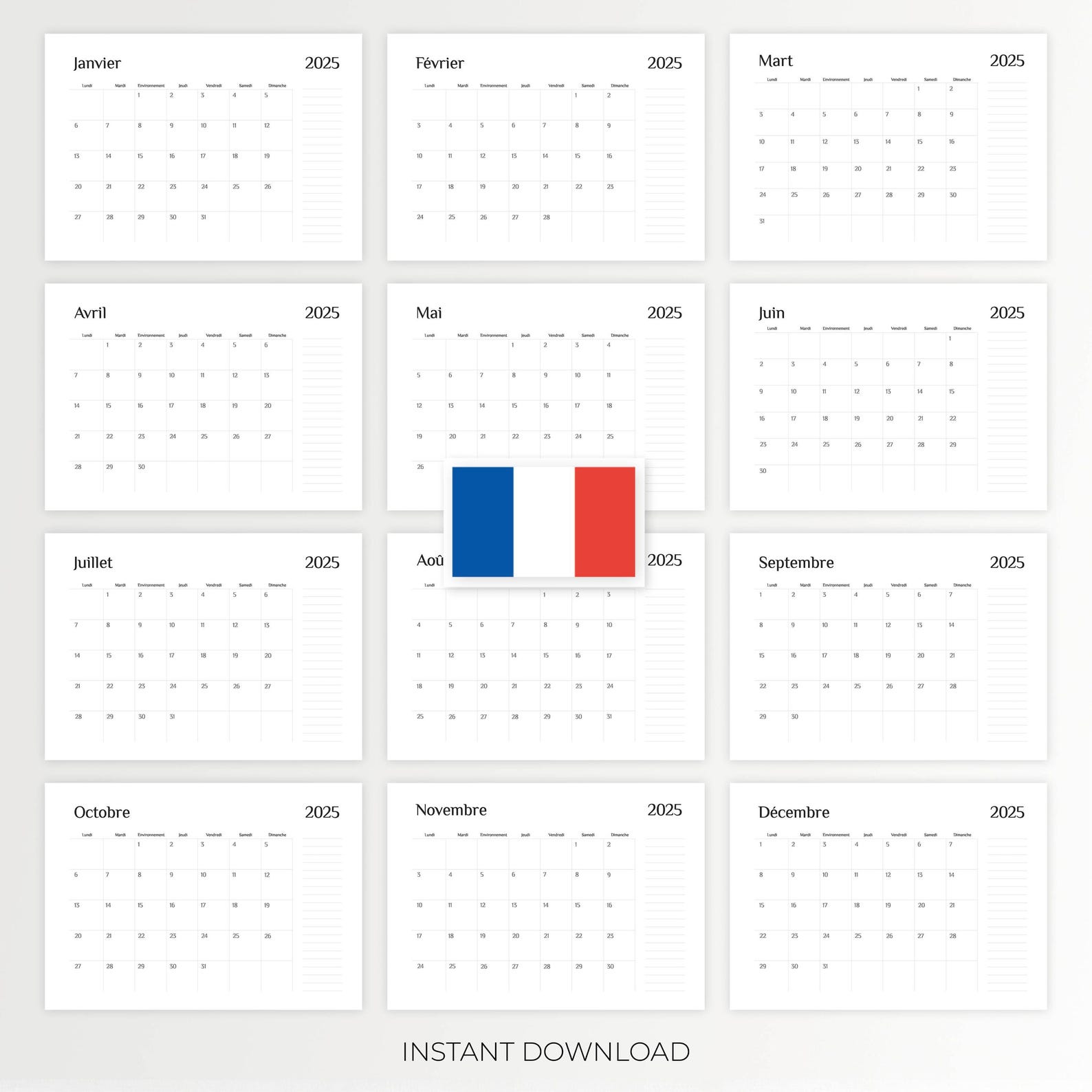 2025 French Calendar, 2025 Monthly Calendar With Notes, Calendrier ...