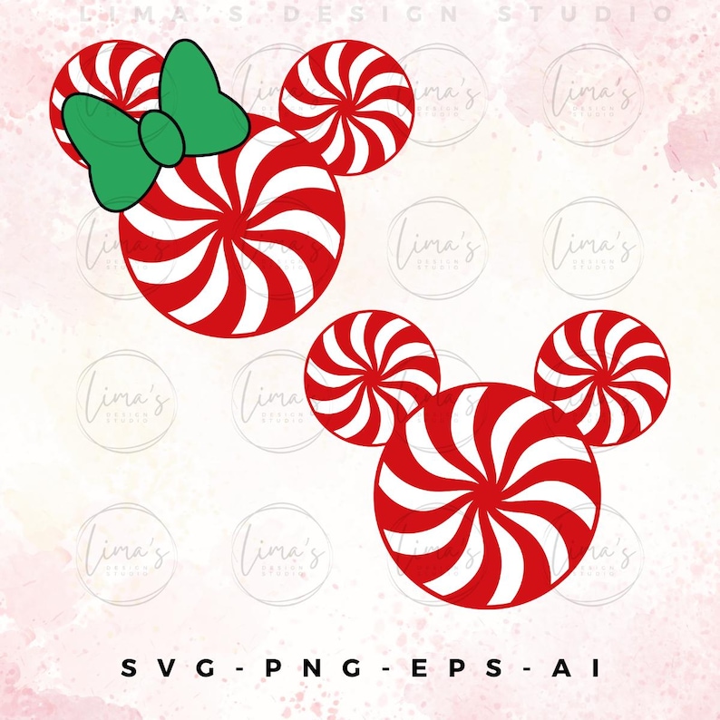 Peppermint Mickey and Minnie Mouse SVG, Christmas Candycane Head ...
