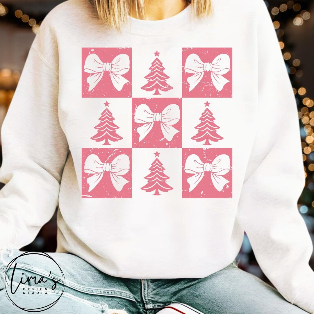 Retro Checkered Bow Christmas Png, Retro Christmas Tree PNG, Distressed ...