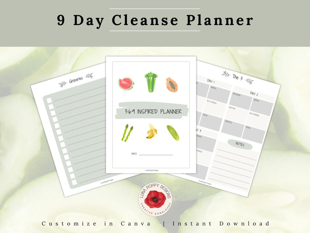369 Cleanse Tracker | 9 Day Detox Planner | Canva Editable | Wellness ...