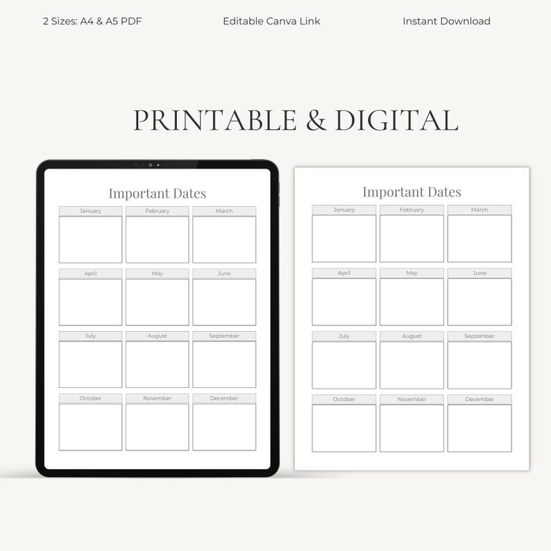 Important Dates Personalized Calendar Template | Printable PDF A4, A5 ...