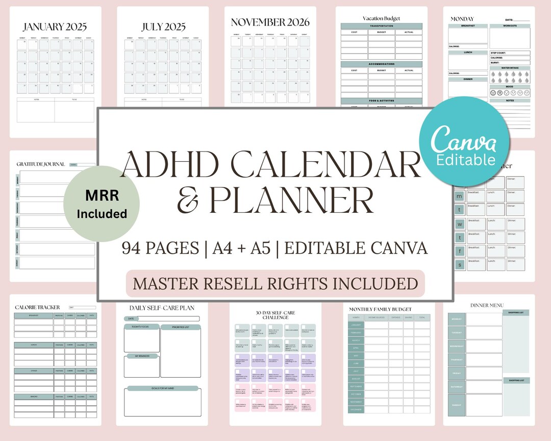 ADHD Printable Planner & Calendar (A4 and A5 Inserts) Instant PDF ...