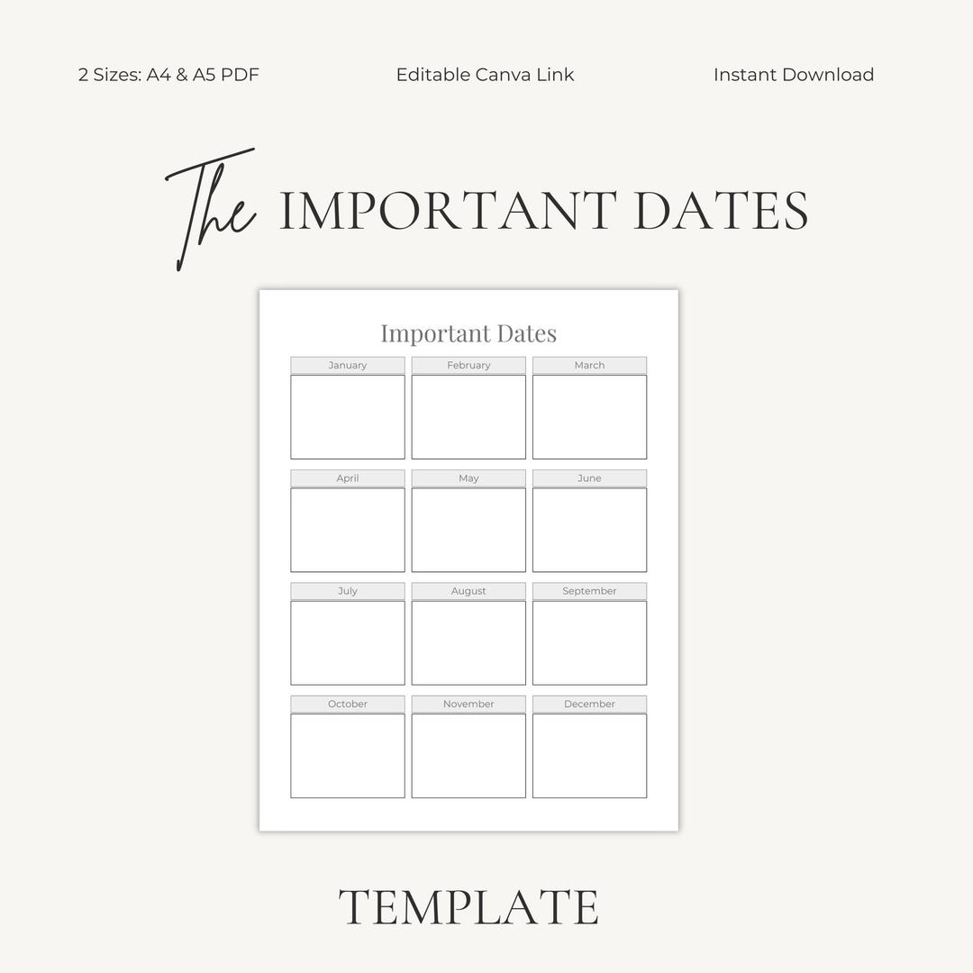 Important Dates Personalized Calendar Template | Printable PDF A4, A5 ...