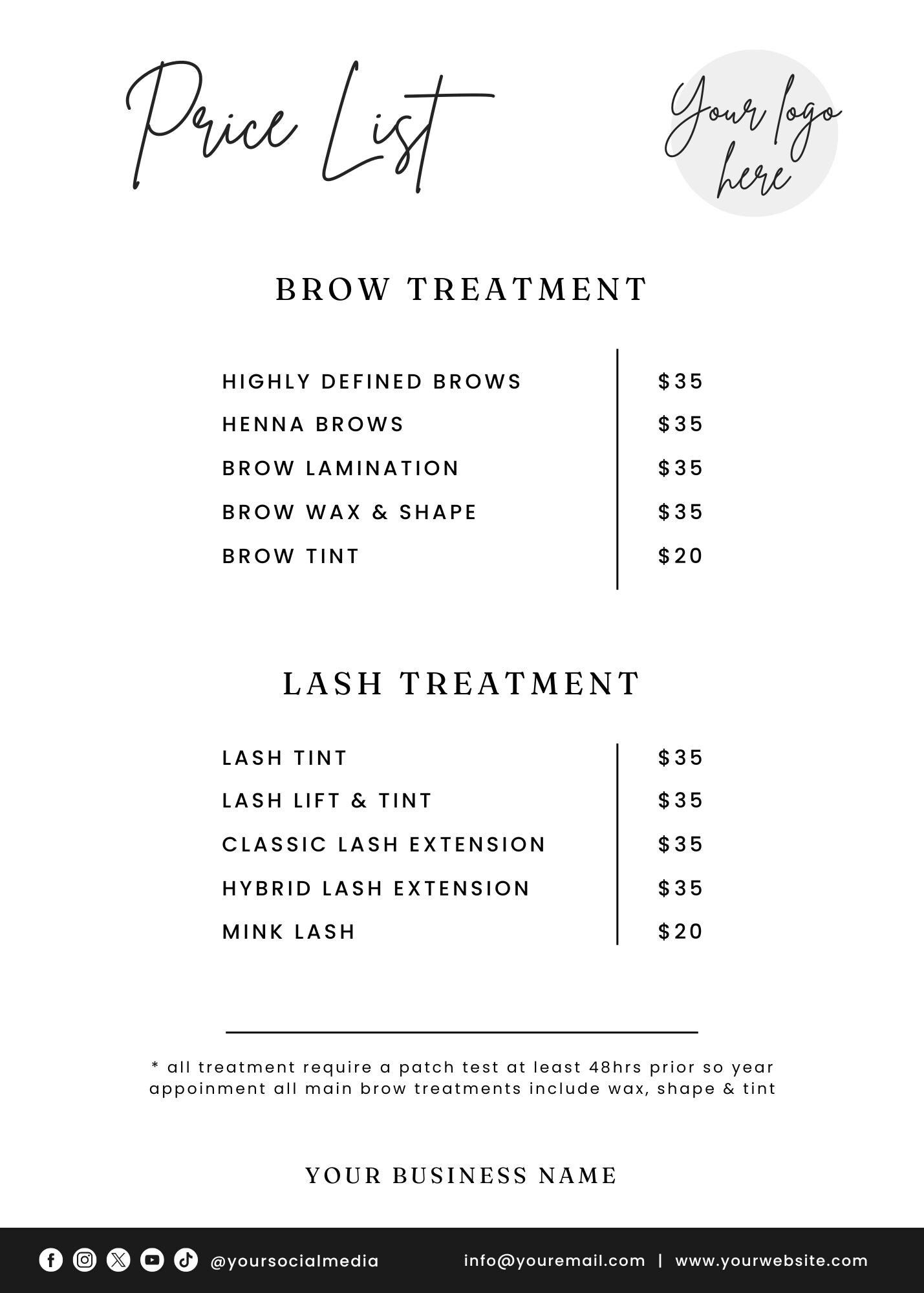 Brow Lash Price List Template Editable Canva | Salon Service Menu ...