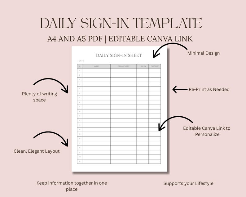 Editable Sign in Sheet PDF Template A4 A5 Canva | Printable Attendance ...