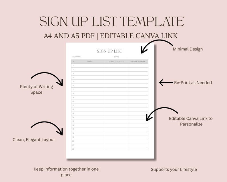 Printable Sign up Sheet Template: Editable Canva, A4/A5 PDF - Etsy ...