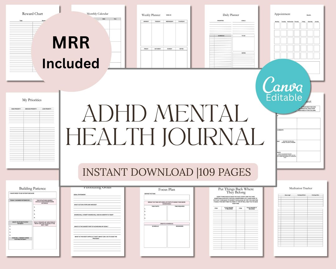 Canva ADHD Planner PDF With MRR | 109 Page A4 A5 Printable Mental ...
