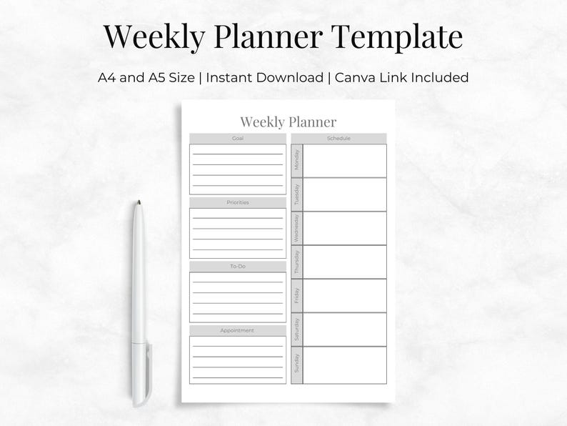 Weekly Planner Template | A4 A5 Printable PDF + Canva Link | Editable ...