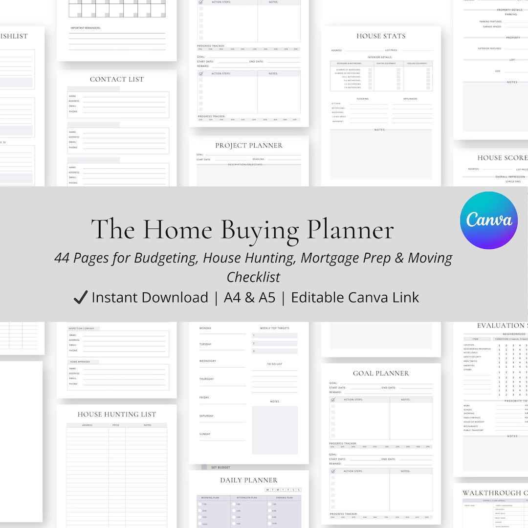 44 Page Home Buying Planner A4 A5 Canva Template | Printable Real ...