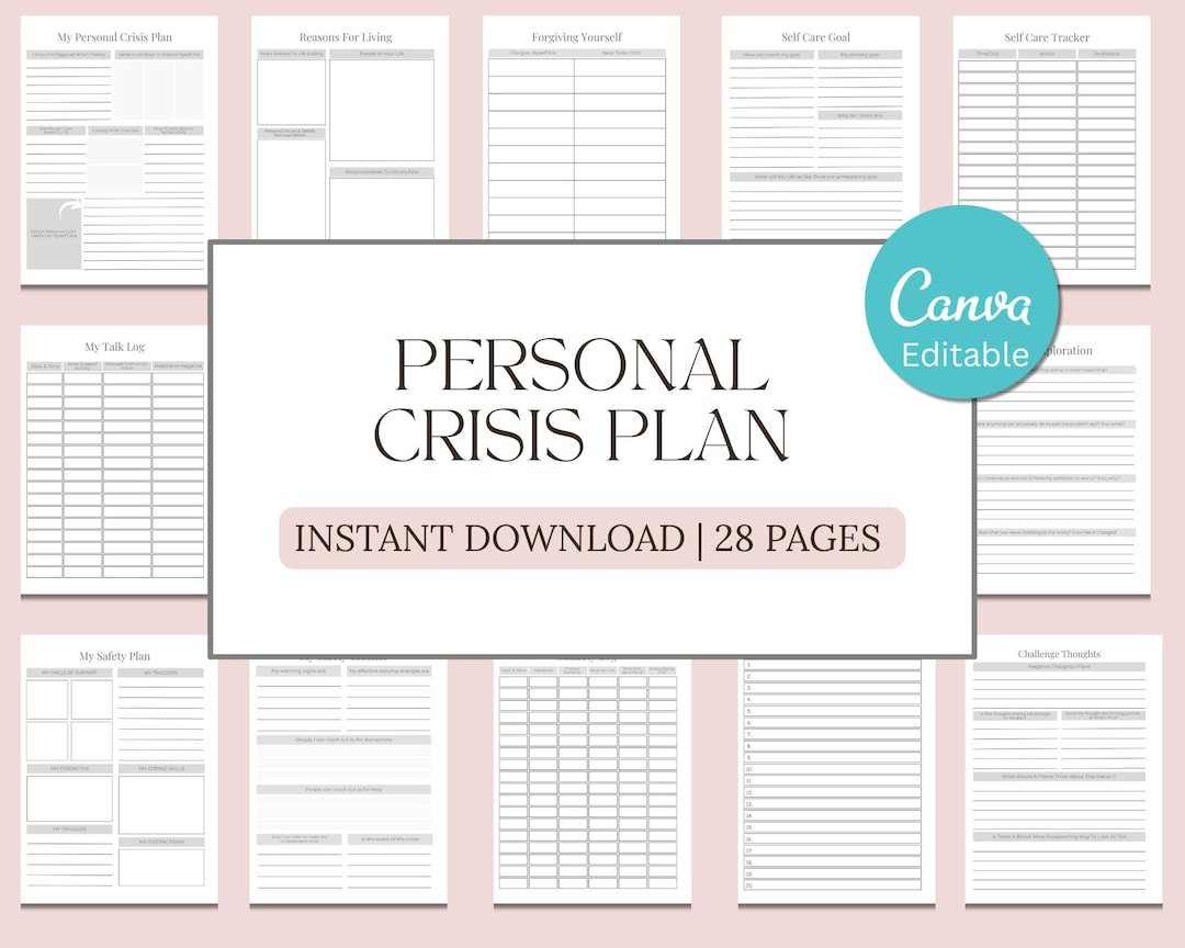 Personal Crisis Plan Template PDF Canva A4 A5 | Mental Health Emergency ...