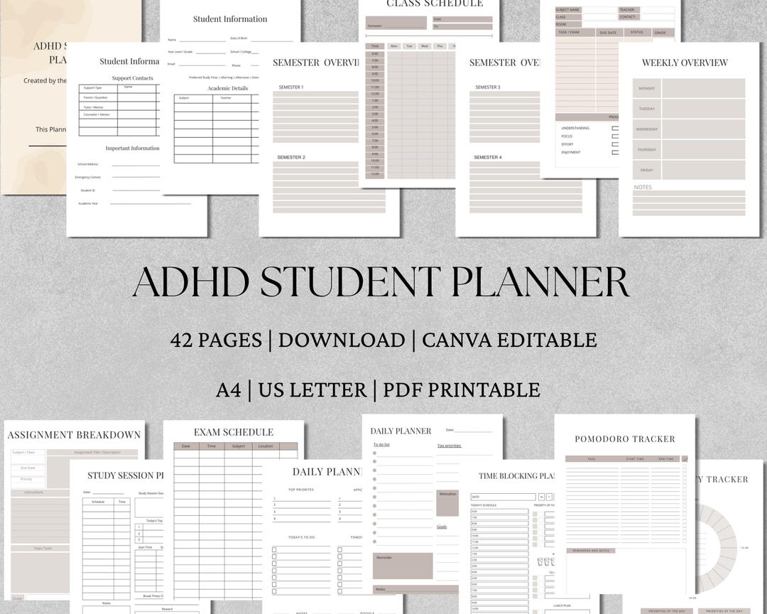 ADHD Student Planner, ADHD Study Journal (A4 & A5 Inserts) Instant PDF ...
