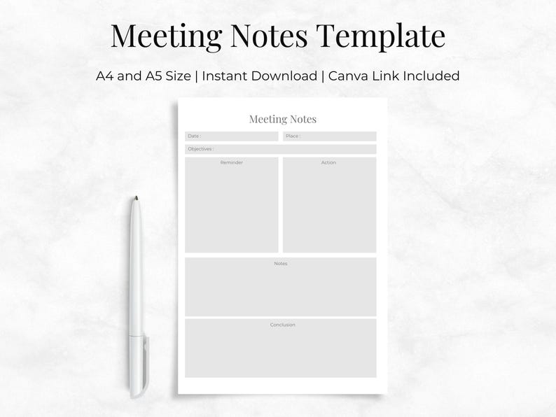 Meeting Notes Template | A4 Printable PDF | Editable Canva Business ...