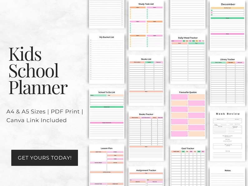 Kids School Planner PDF A4 A5 Canva Editable | Printable Homework ...