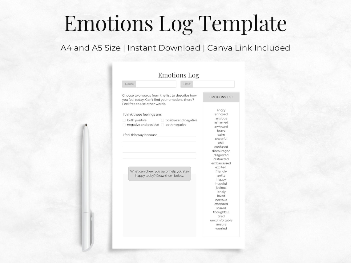 Emotions Log Template | A4 Printable PDF Feelings Tracker | Editable ...