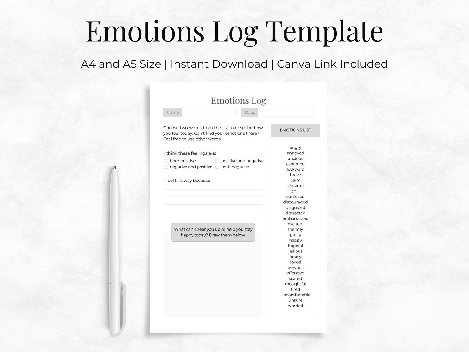Emotions Log Template | A4 Printable PDF Feelings Tracker | Editable ...