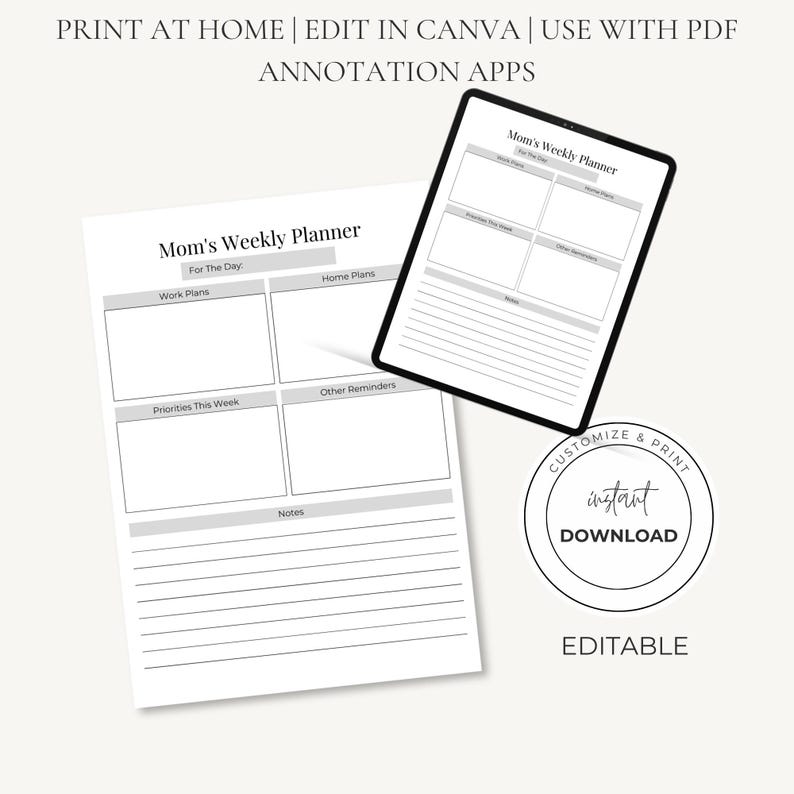 Busy Mom Weekly Planner Template | Printable PDF A4, A4 | Fully ...