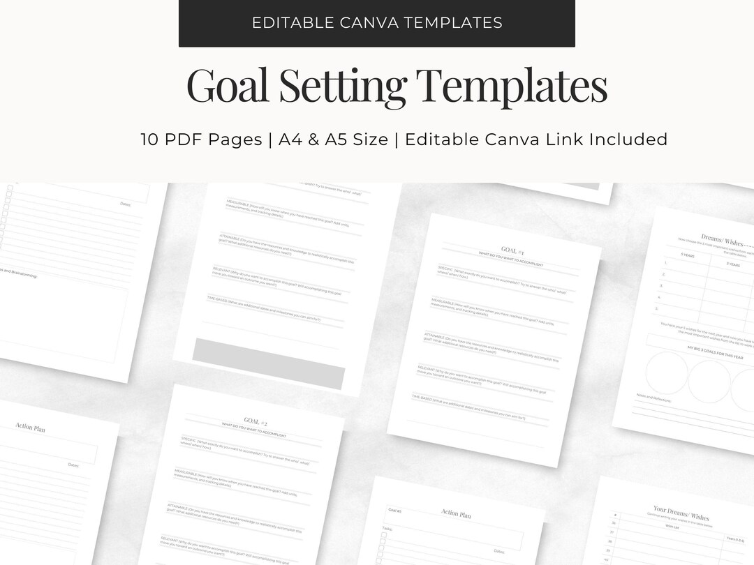 Goal Setting Template Bundle | A4 Printable PDF | Editable Canva 1-3-5 ...