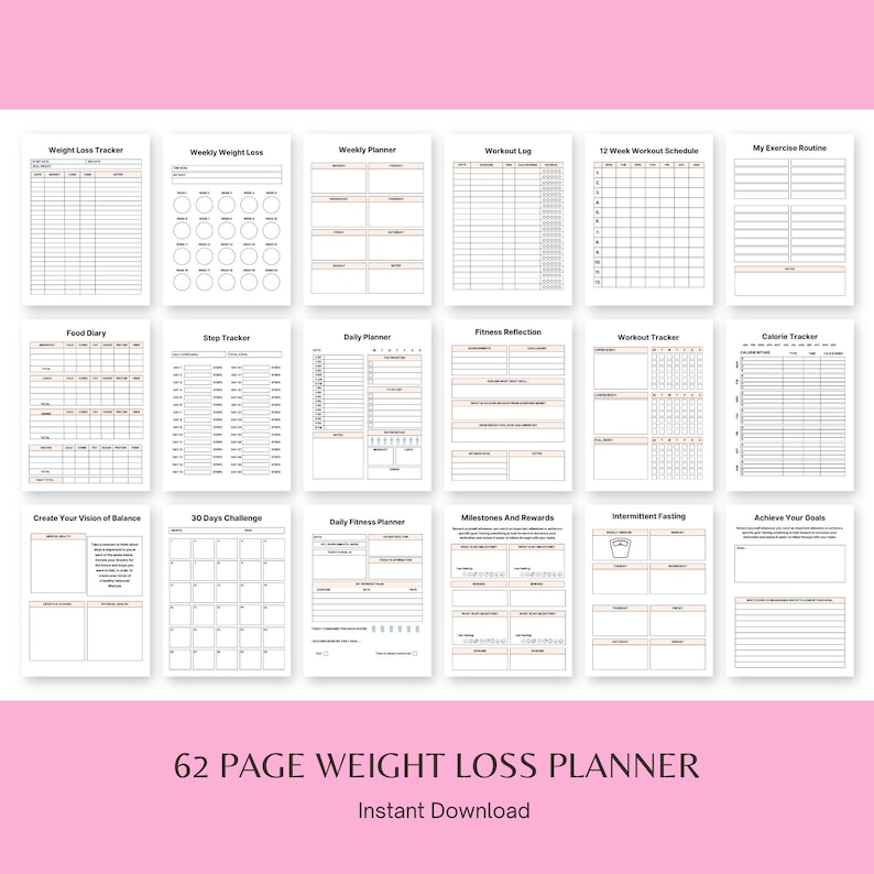 Weight Loss Planner Printable | 62 Pages A4 A5 | Goal Tracker, Meal ...