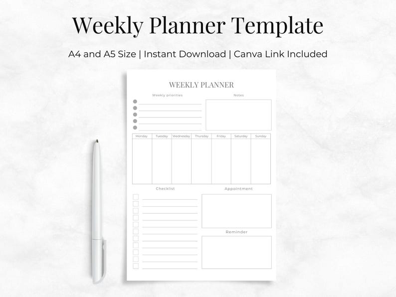 Printable Weekly Planner Template A4 A5 Canva | One Page Weekly Layout ...