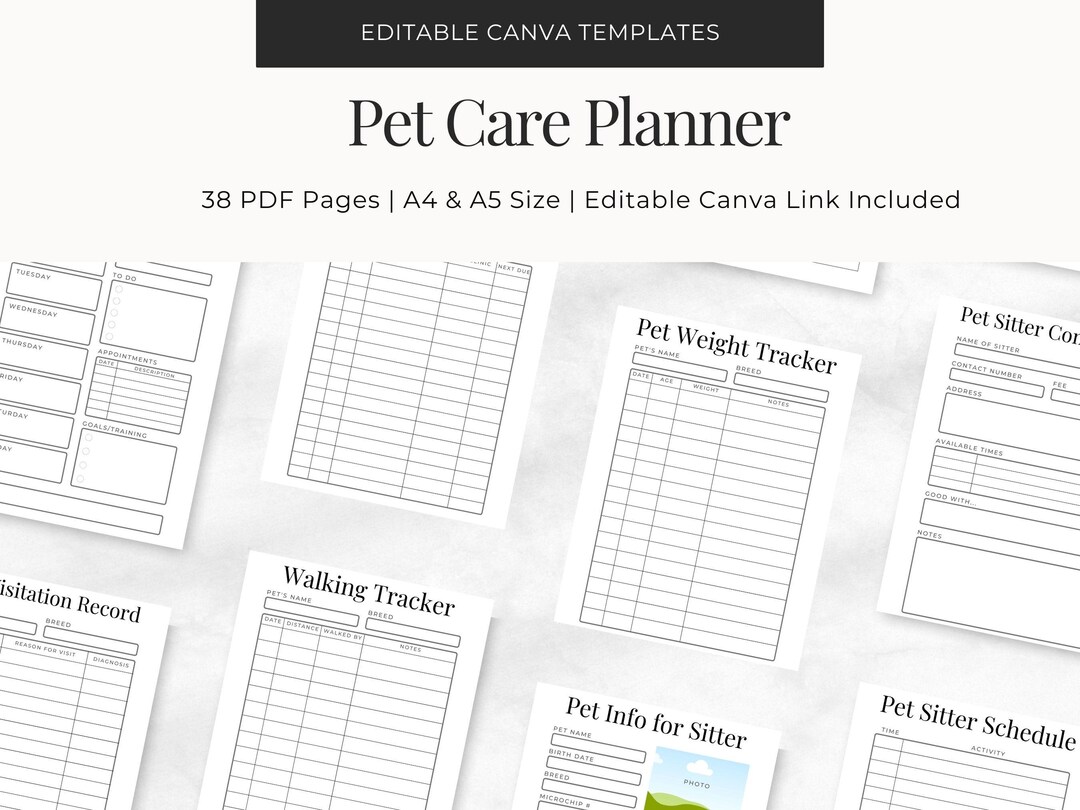 Ultimate Pet Care Planner PDF A4 A5 Canva | Pet Health Tracker ...