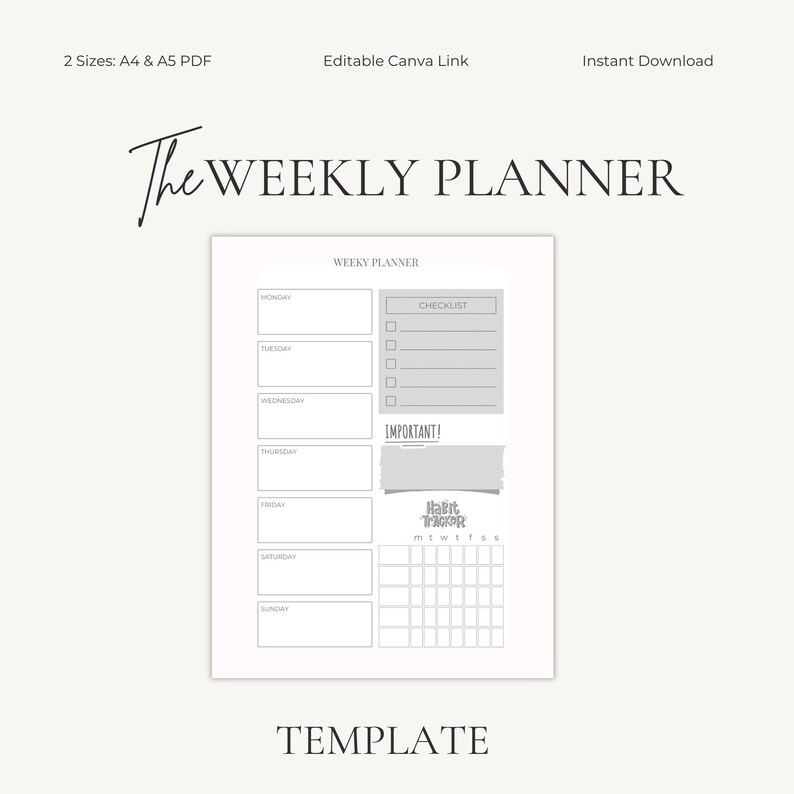 Undated Weekly Planner Template | Printable PDF A4, A5 | Fully Editable ...