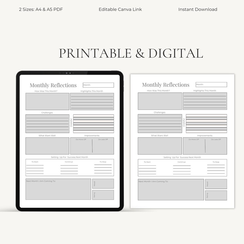 Monthly Self Love Reflection Journal Template | Printable PDF A4, A5 ...