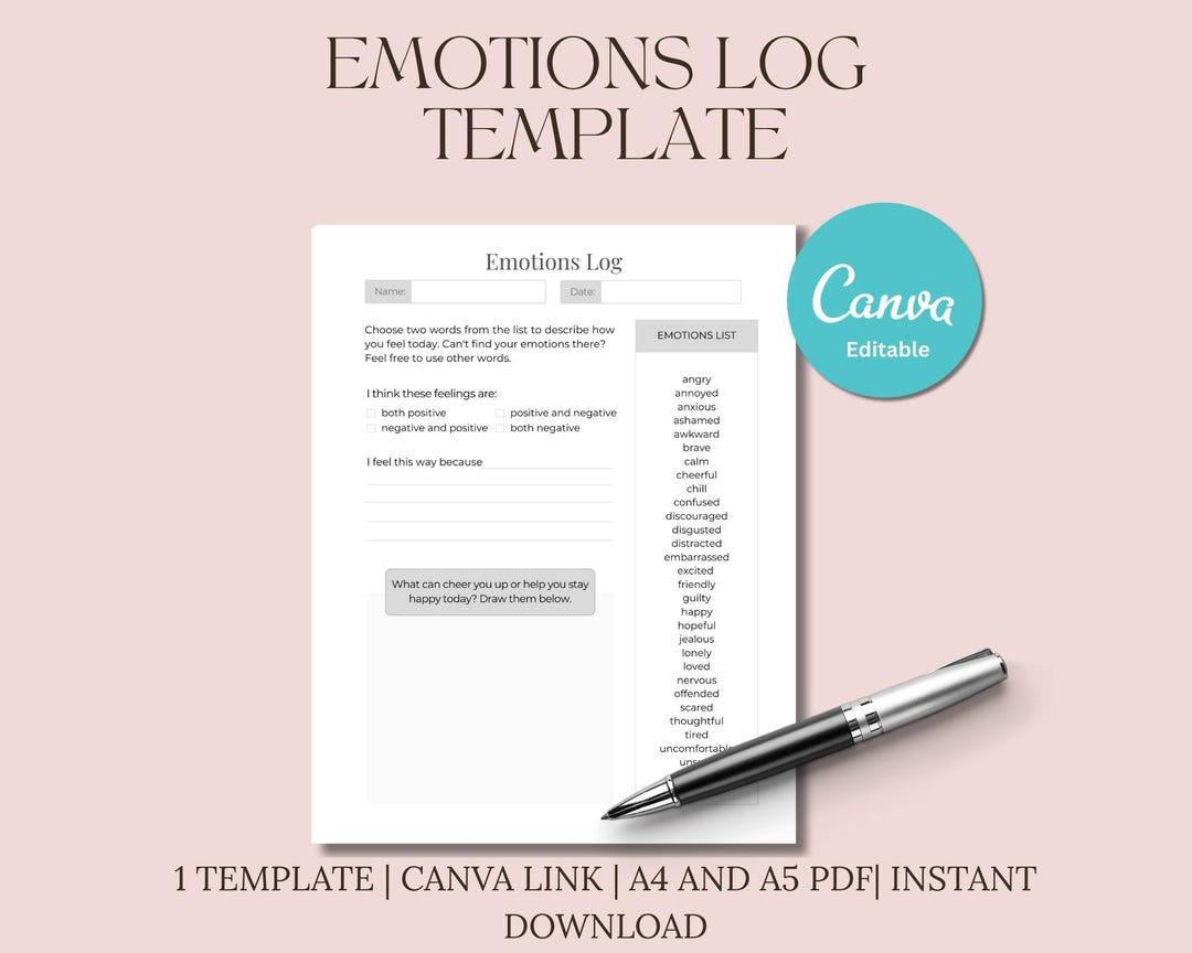 Emotions Log Template PDF Canva A4 A5 | Feelings Tracker Printable With ...