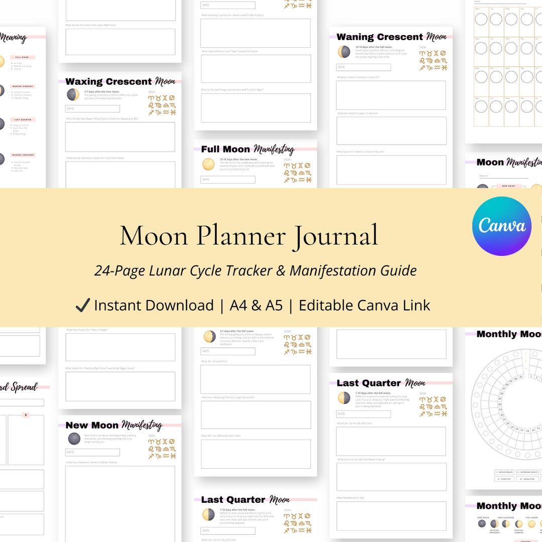 24 Page Moon Planner Journal A4 A5 Canva Template | Lunar Cycle ...